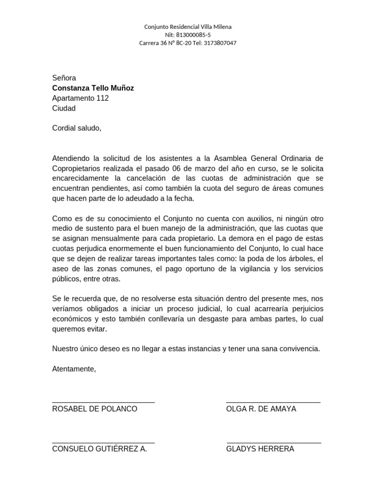 CARTA Pago Cuotas de Administracion Constanza | PDF