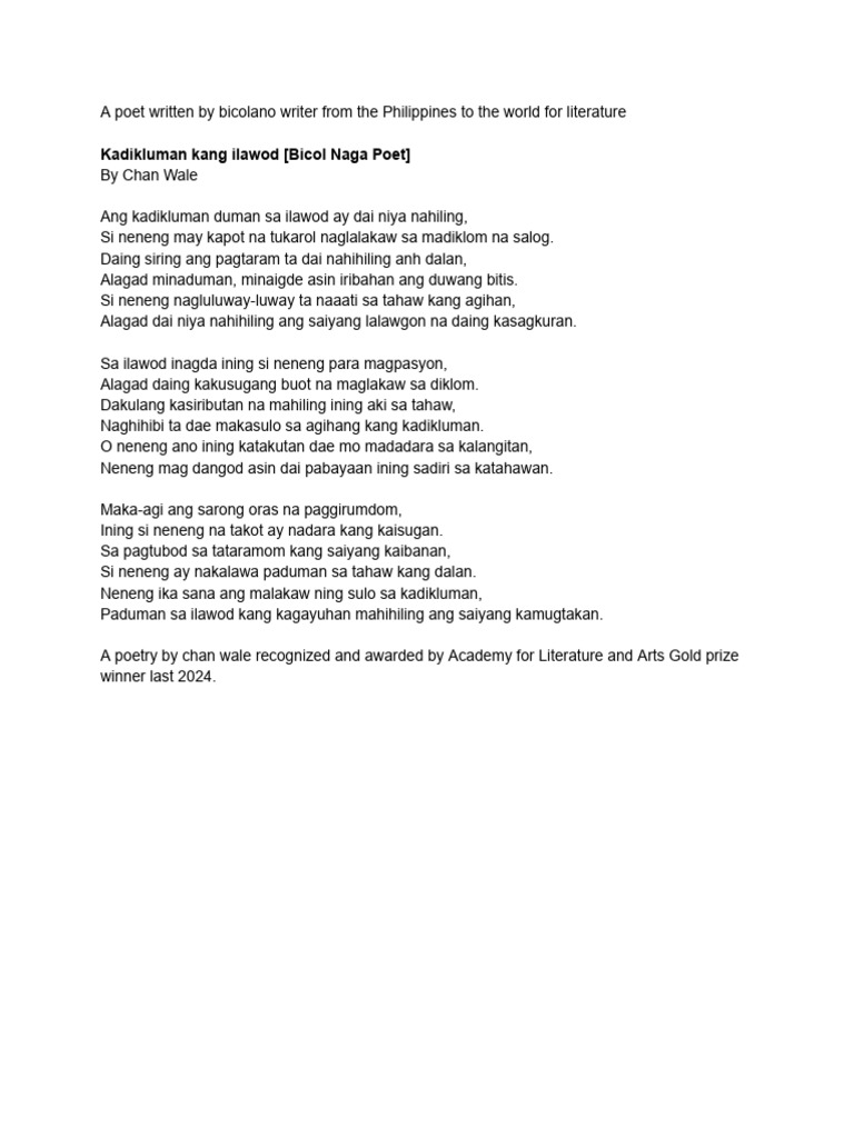 Kadikluman Kang Ilawod - Bicol Poet | PDF