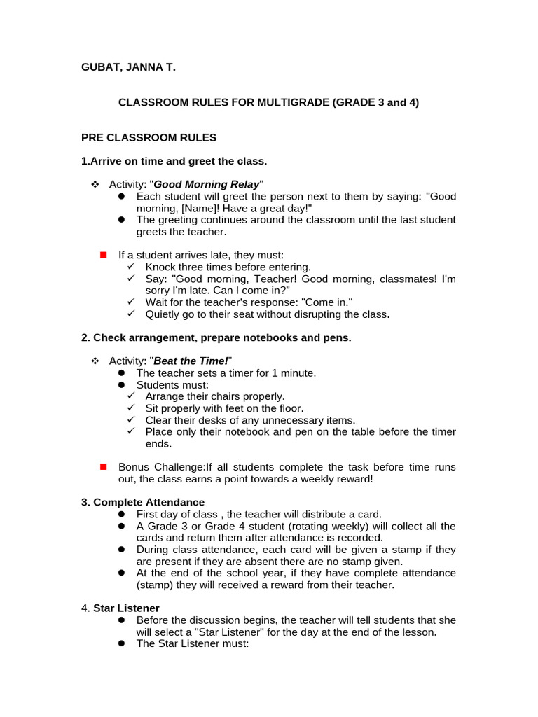 Classroom Rules for Grades 3-4 | PDF | Classroom