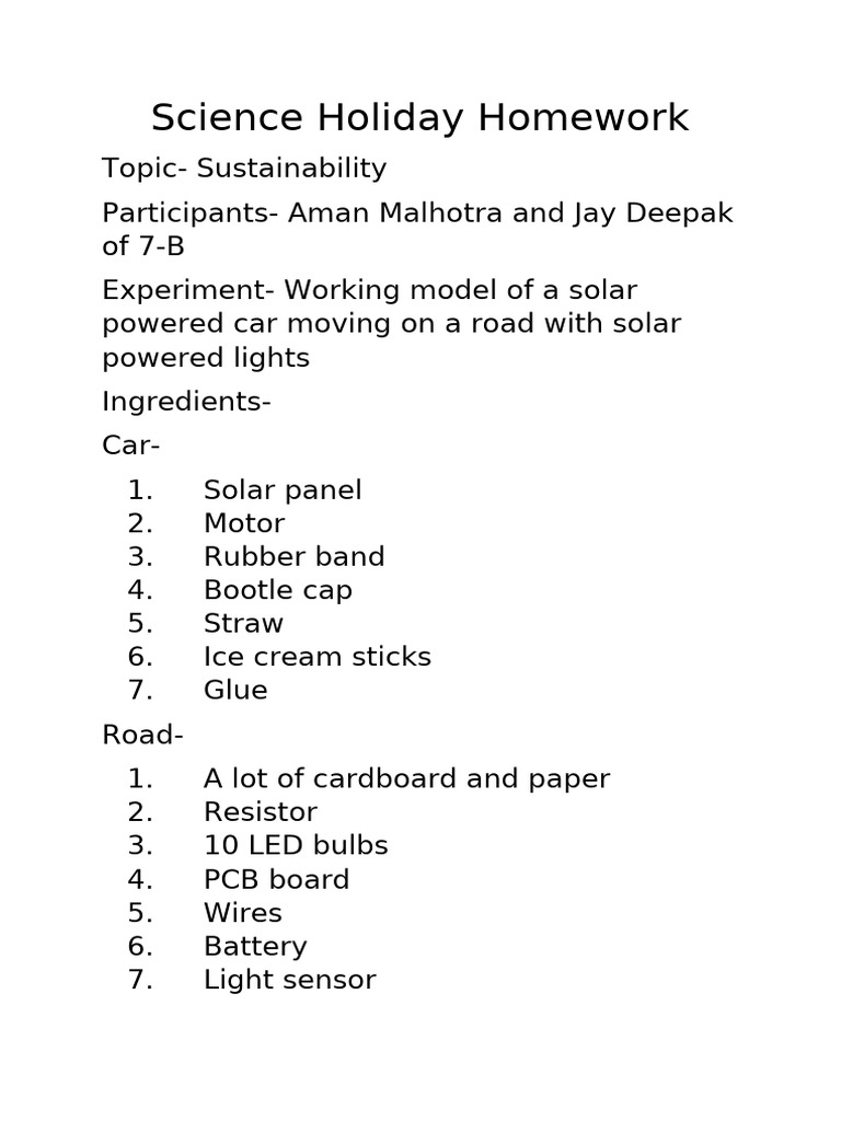 Science Holiday Homework | PDF
