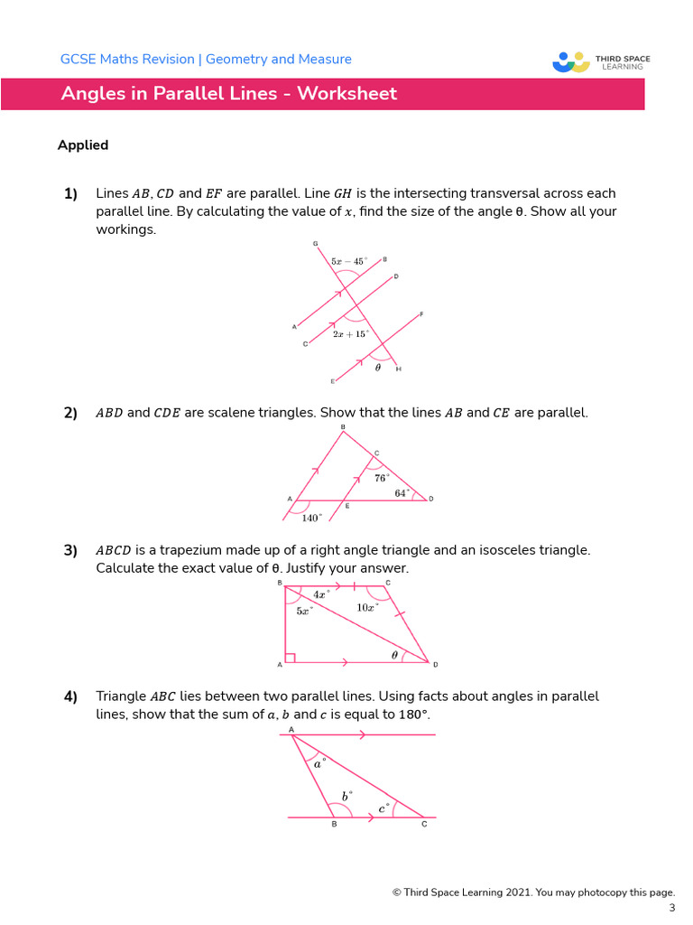 Third Space Learning Angles in Parallel Lines GCSE Worksheet 3 6 | PDF ...