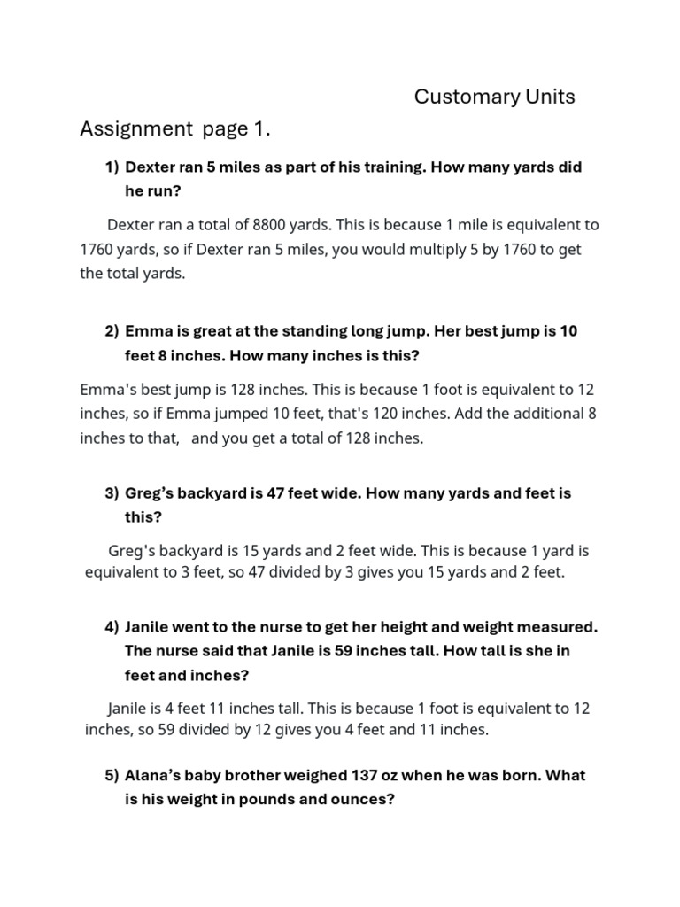 Customary Units Assignment Page 1 | PDF | Pound (Mass) | Ounce