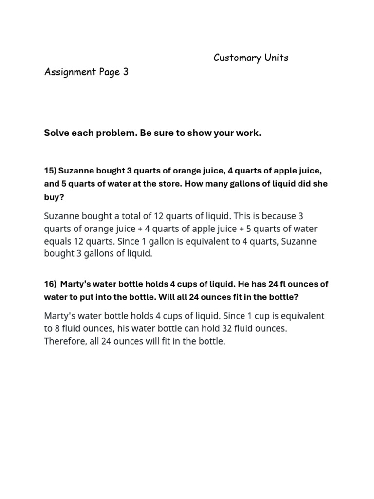 Customary Units Assignment Page 3 | PDF