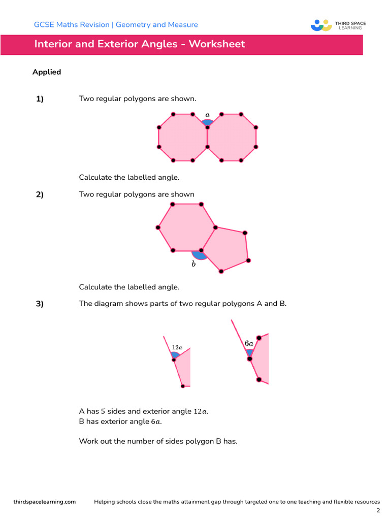 Third Space Learning Interior And Exterior Angles Gcse Worksheet 1 2 4 Pdf Polygon Angle