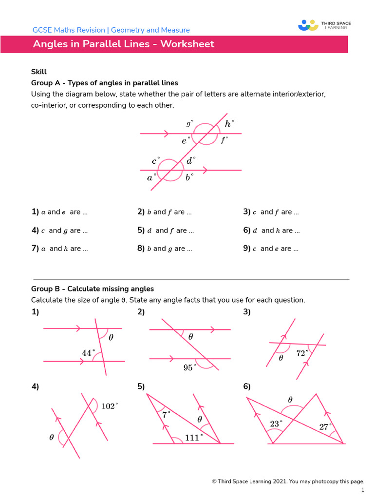 Angles in Parallel Lines Worksheet | PDF