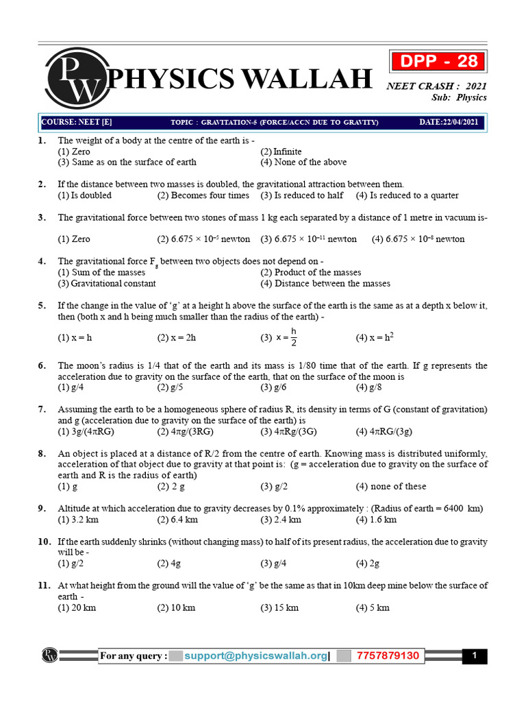 Gravitation DPP-01 Manish Raj Sir (Neet Crash Course Relaunch) | PDF | Nature | Astrophysics