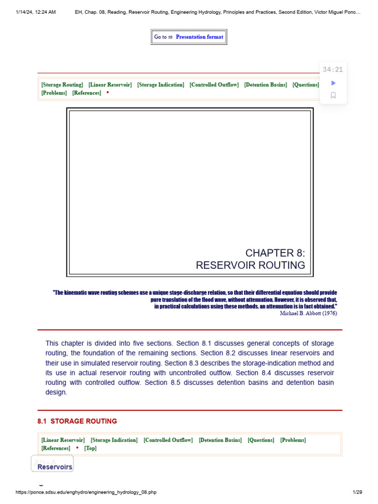 CHAPTER 8 Reservoir Routing | PDF | Discharge (Hydrology) | Spillway