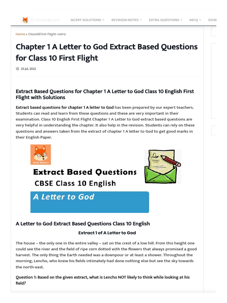 Chapter 1 A Letter To God Extract Based Questions For Class 10 First Flight | PDF | Rain