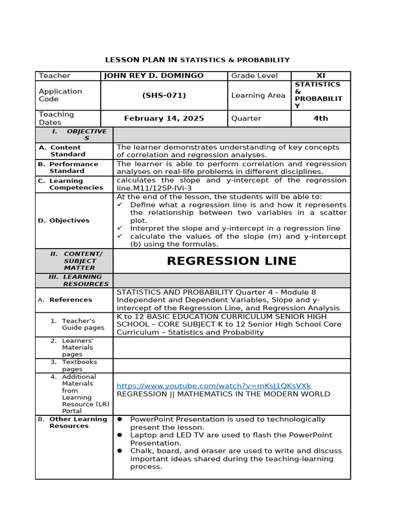 Math 9 Lesson Plan Demo | PDF | Linear Regression | Regression Analysis