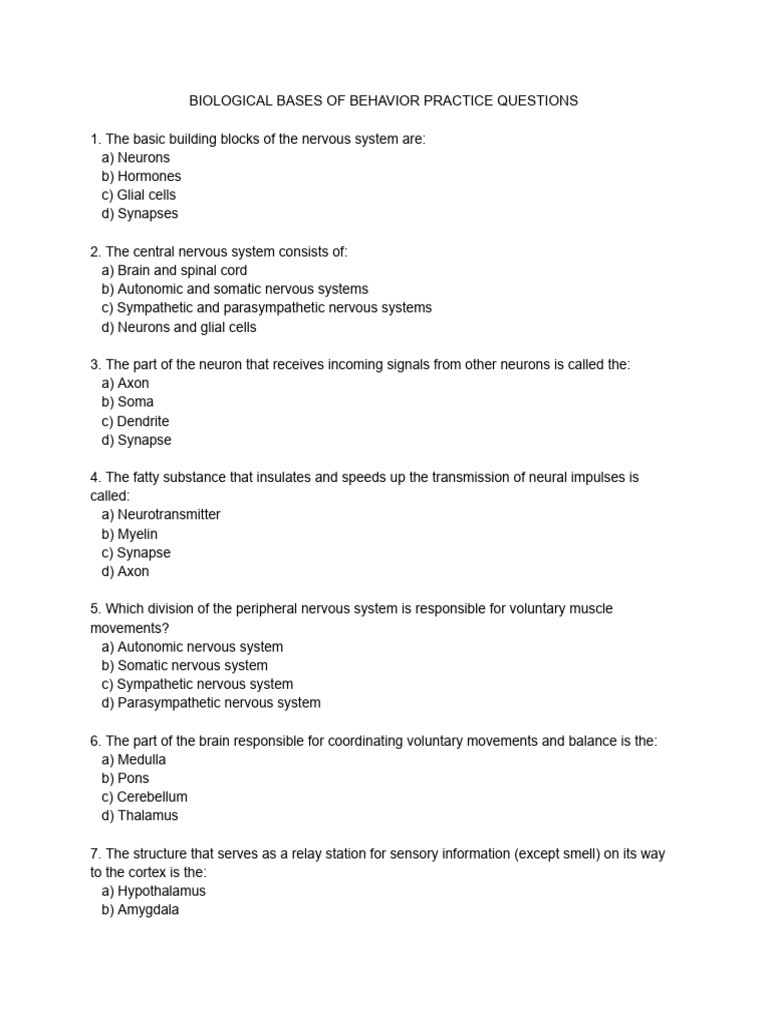 Biological Bases of Behavior Quiz | PDF | Nervous System | Brain