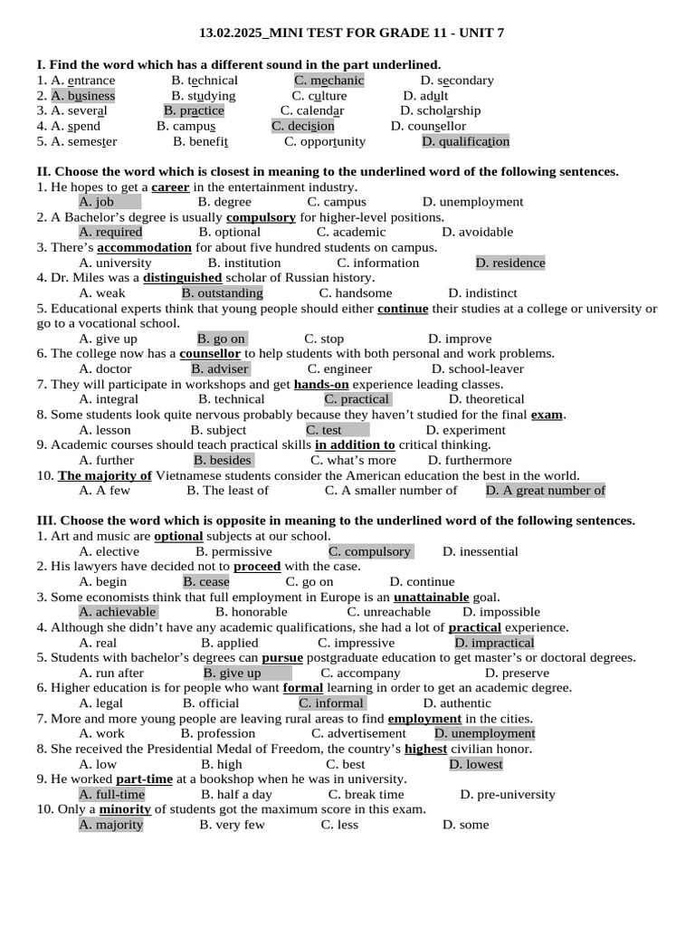 Bản sao của 13.02.2025 - MINI TEST FOR GRADE 11 - UNIT 7 | PDF ...