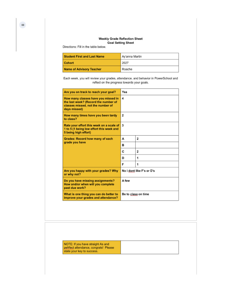 2024-2025 Electronic Version - Weekly Grade Reflection Sheet | PDF