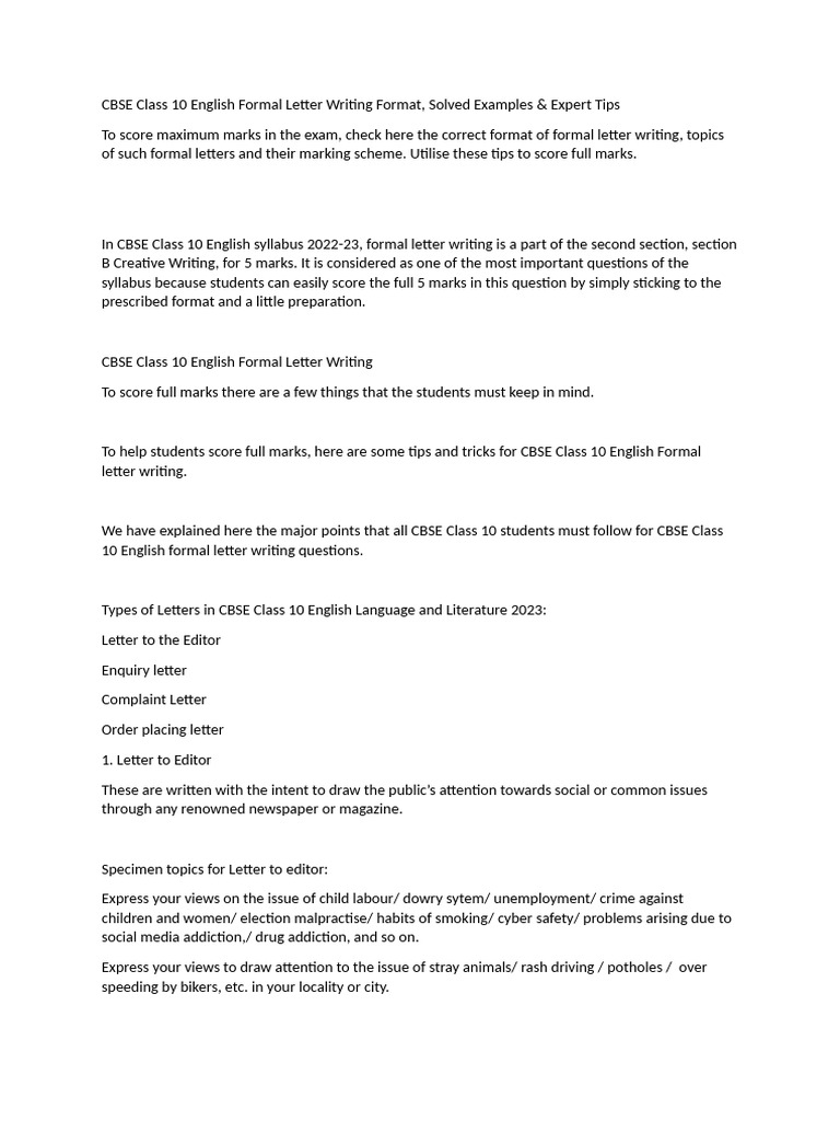 CBSE Class 10 English Formal Letter Writing Format | PDF | Human ...