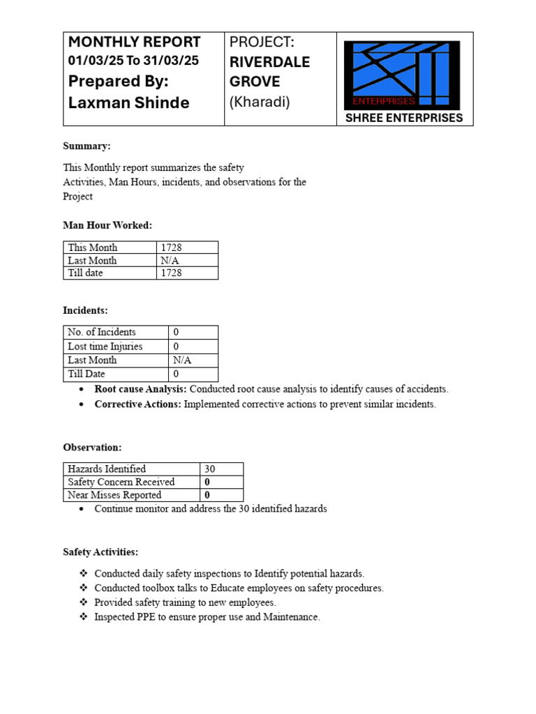 Monthly Report - Shree Enterprises | PDF | Personal Protective ...