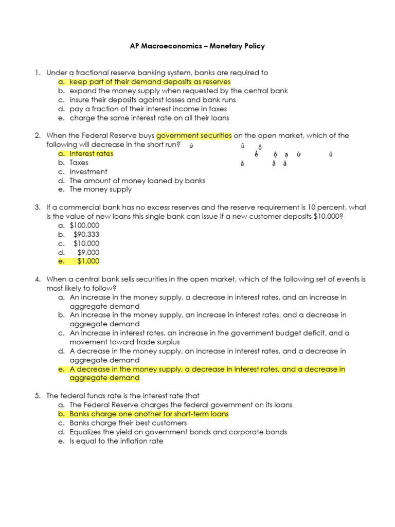 AP Macroeconomics: Monetary Policy Quiz | PDF | Money Supply | Interest