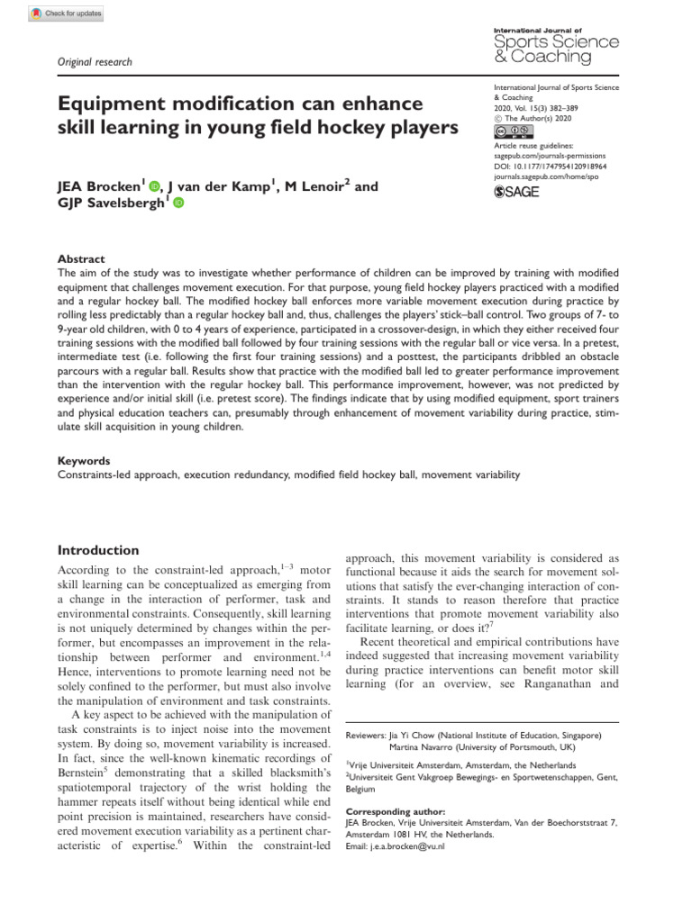 Equipment Modification Can Enhance Skill Learning in Young Field Hockey ...