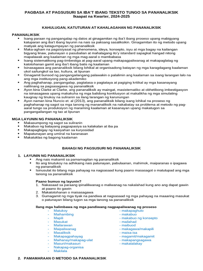 Handouts Pagbasa Aralin 1 4th Quarter | PDF