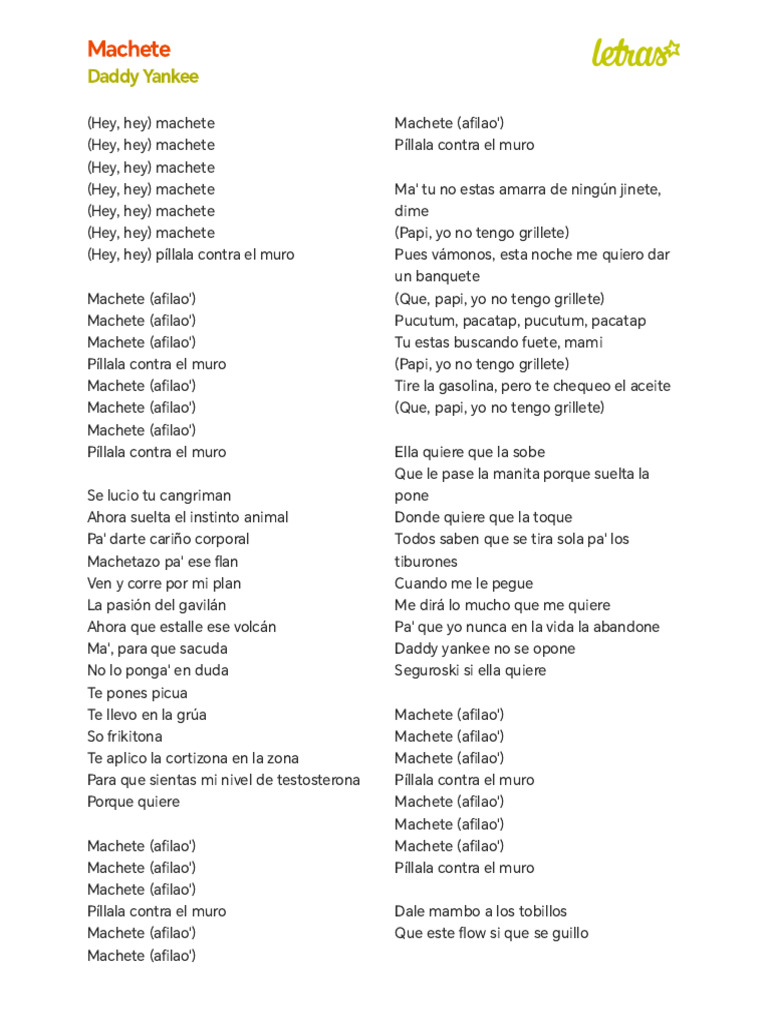MACHETE - Daddy Yankee (Impresión) | PDF