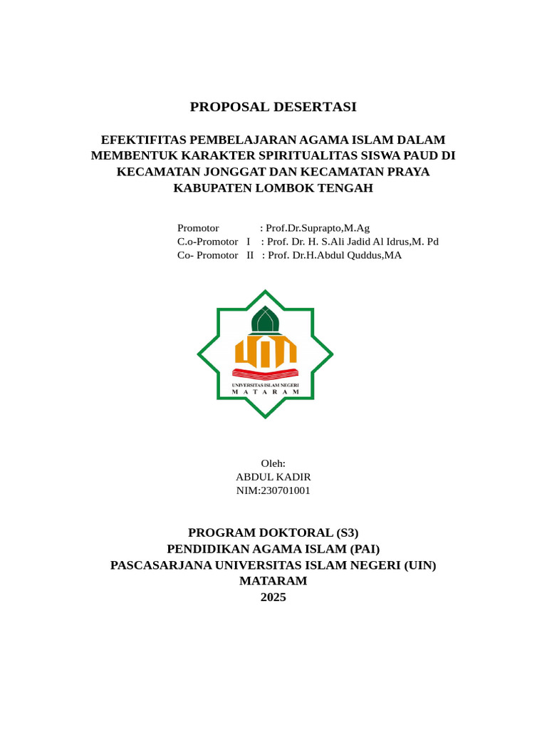 Proposal Disertasi Abdul Kadir 14 Januari 2025 | PDF