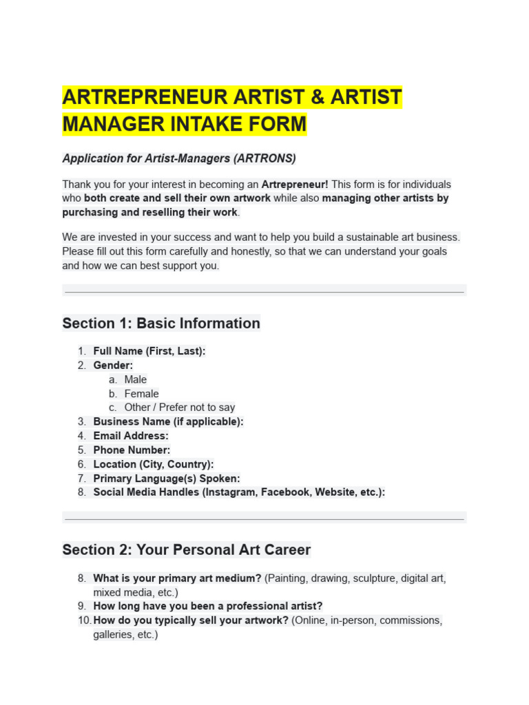 Artist Intake Form | PDF | Human Communication