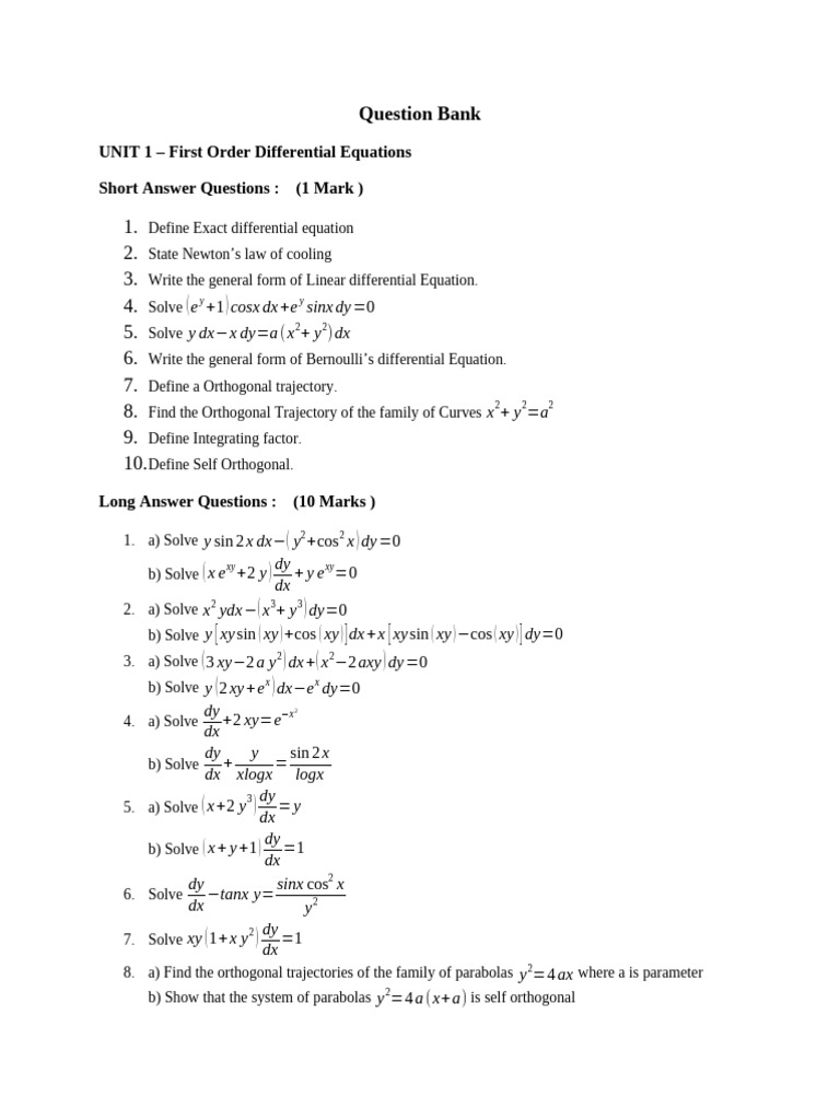 Unit I & II Ode Question Bank | PDF | Equations | Mathematical Concepts