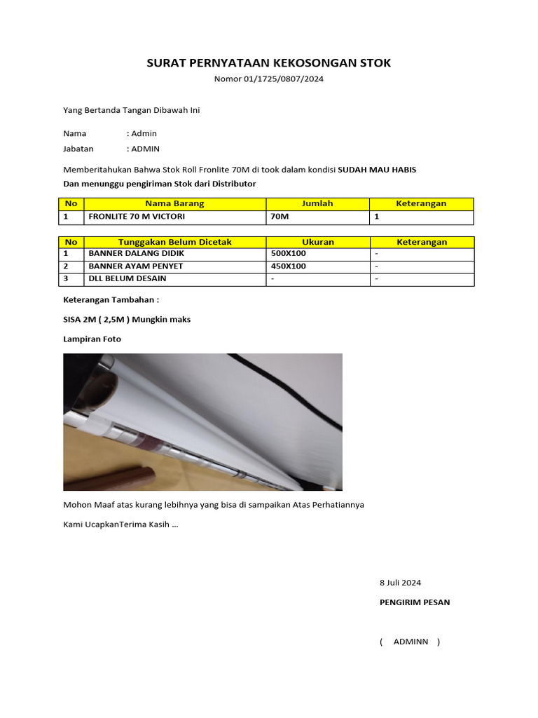 Surat Pernyataan Stok Fronlite 70M Habis | PDF
