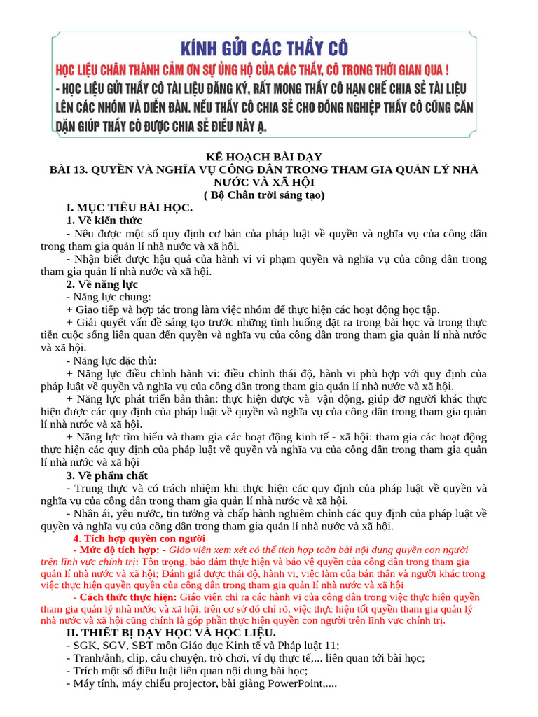 CTST_K11_Bài 13_Quyền Và Nghĩa Vụ Của Công Dân Tham Gia Quản Lý NN Và XH | PDF