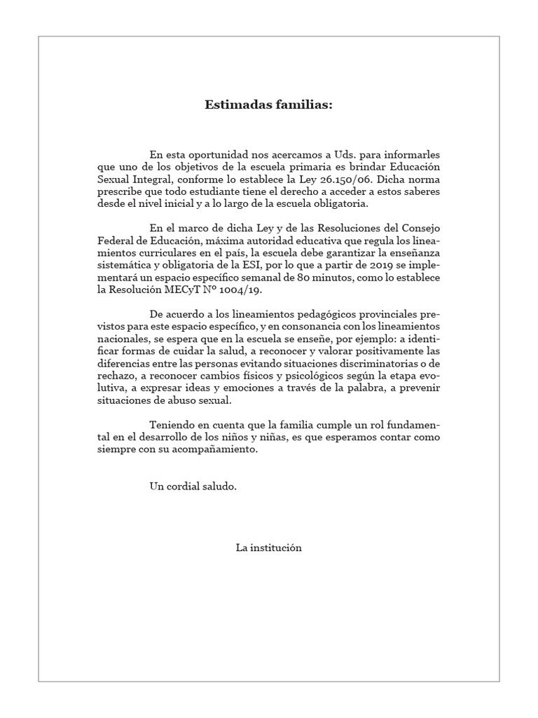 Carta A Las Familias PRIMARIA - ESI | PDF