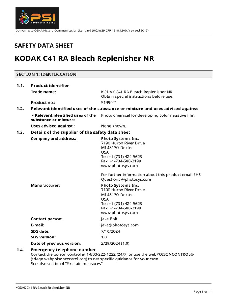 Kodak RA Bleach NR Repleniser SDS | PDF | Workplace | Working Conditions