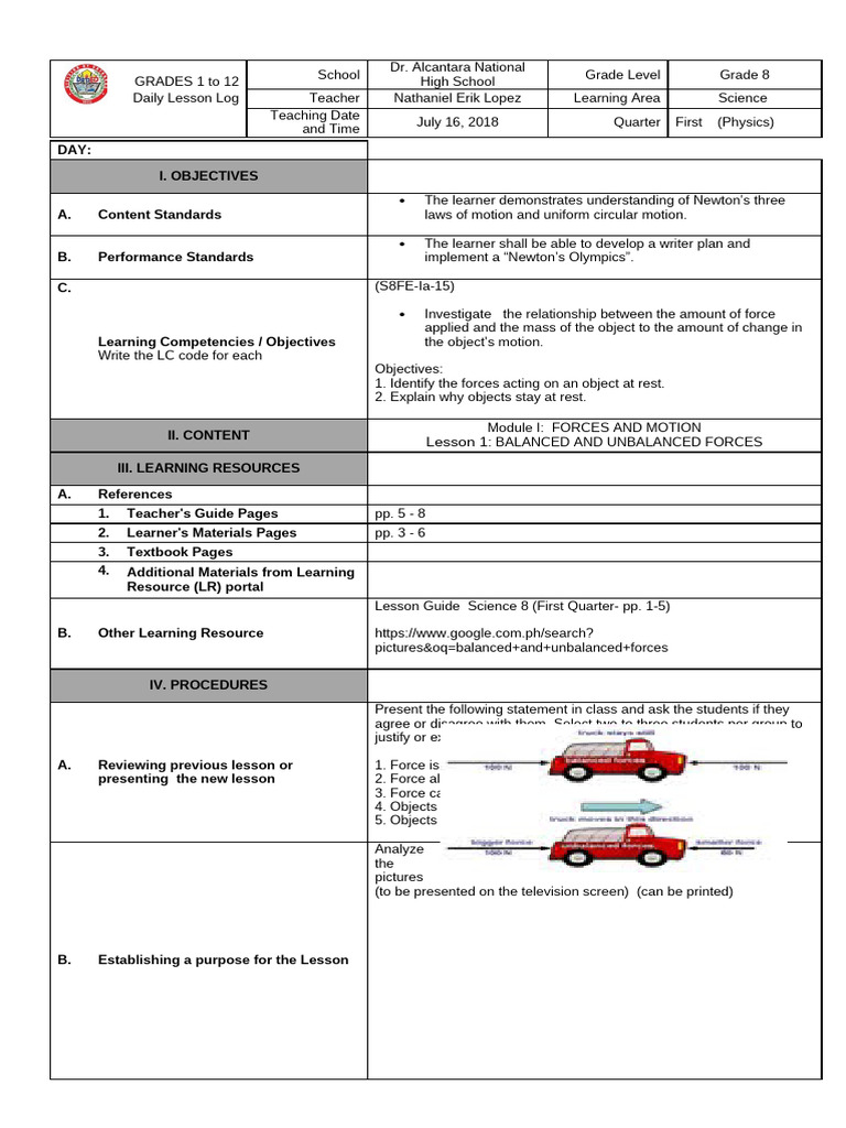Grade 8 Science Daily Lesson Log | PDF | Force | Mass