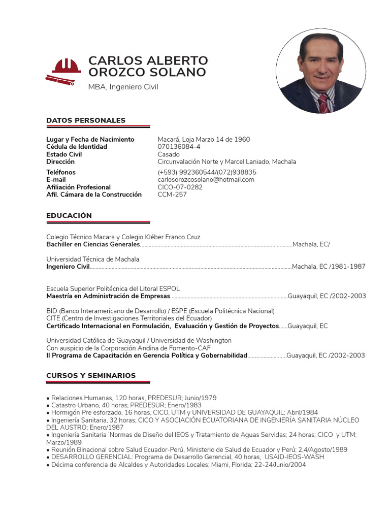 CV Ing. Carlos Alberto Orozco - CURRICULUM PORTAFOLIO | PDF | Alcantarillado | Ecuador
