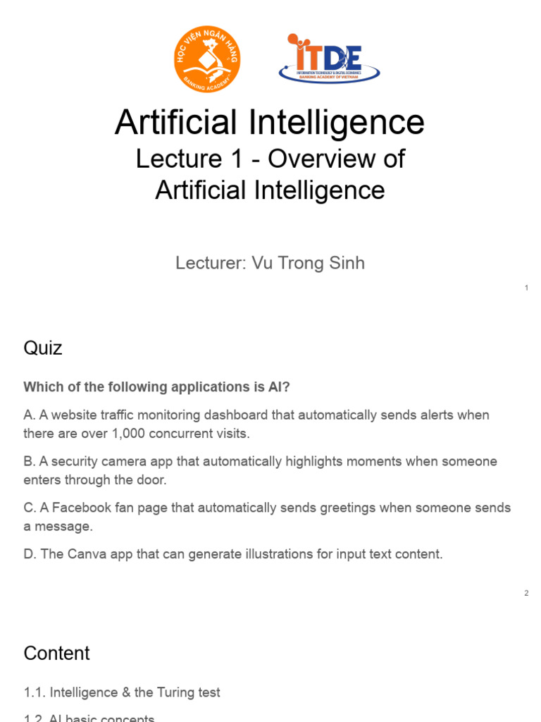 Lecture 1 - Overview of Artificial Intelligence | PDF | Artificial Intelligence | Intelligence ...