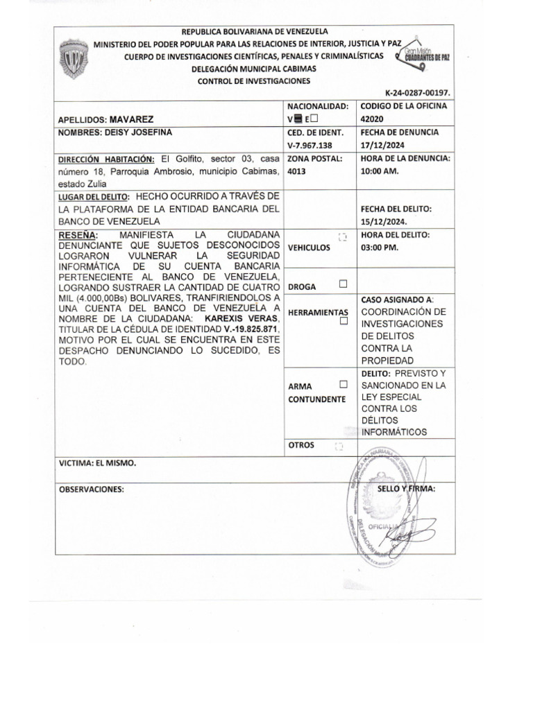 Denuncia Banco de Venezuela Deisy Mavarez | PDF