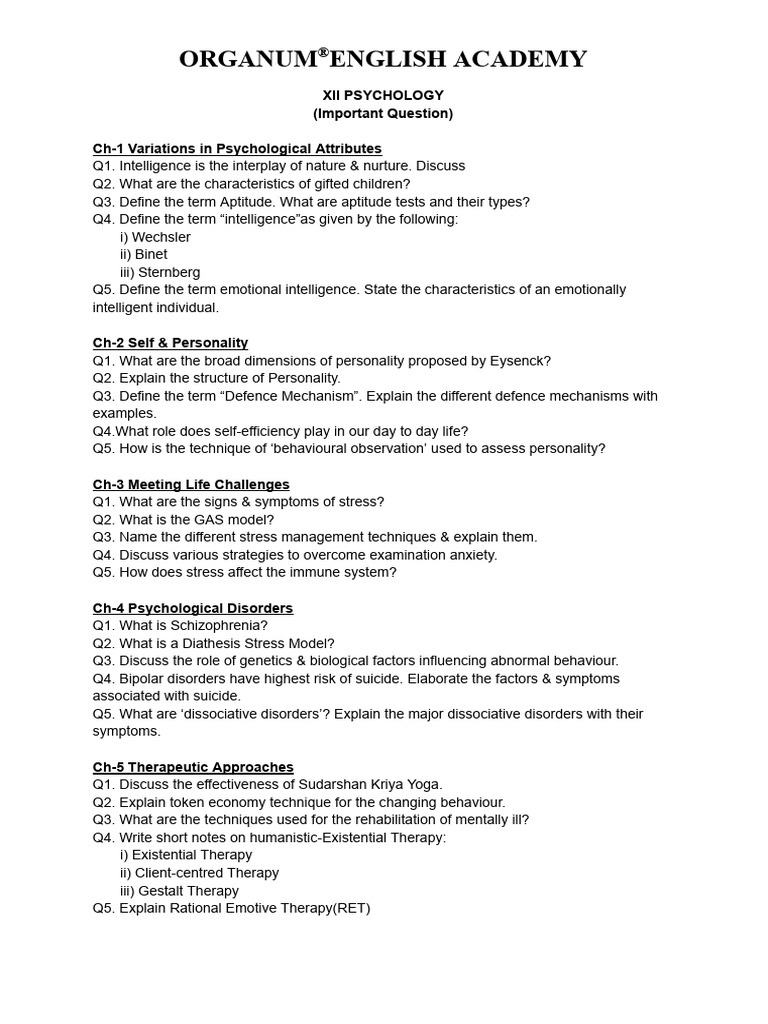 12th Psychology Imp Questions | PDF | Mental Disorder | Psychology