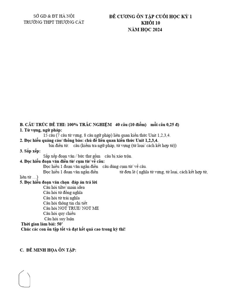 Đề cương cuối HKI_Anh 10 (2024-2025)_HS | PDF | Trumpet | Brass Instruments