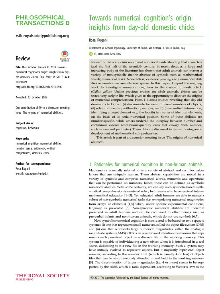 Rugani 2018 Towards Numerical Cognition S Origin Insights From Day Old Domestic Chicks | PDF ...