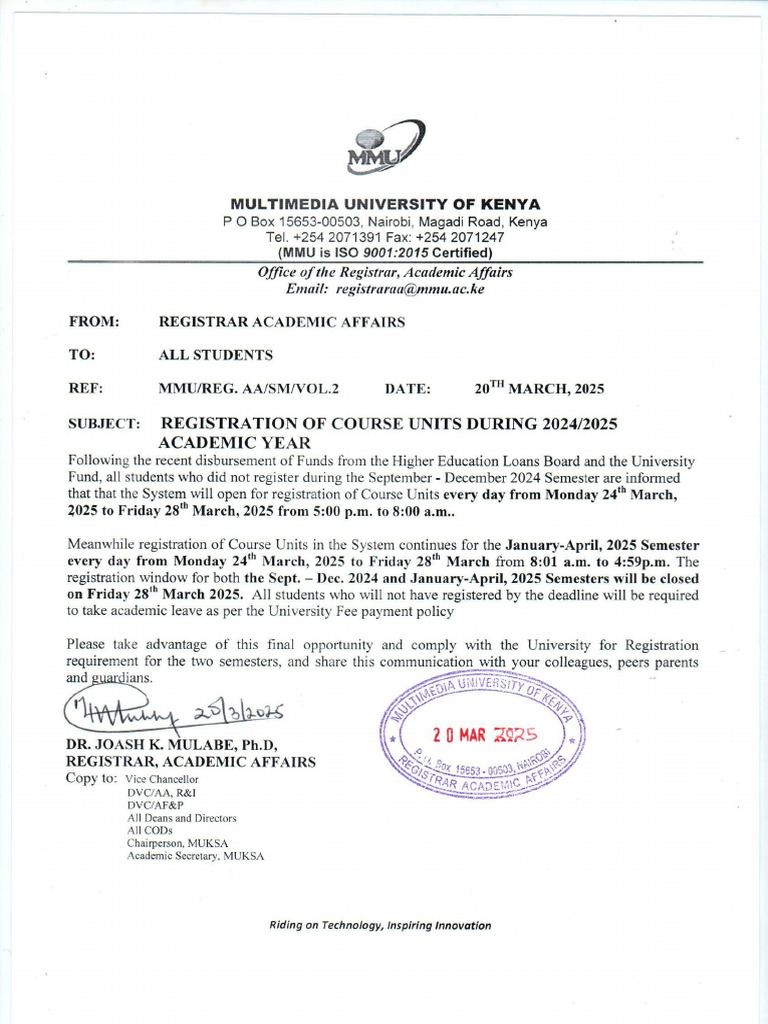 Memo - Registration of Course Units During 2024-2025 Academic Year To ...