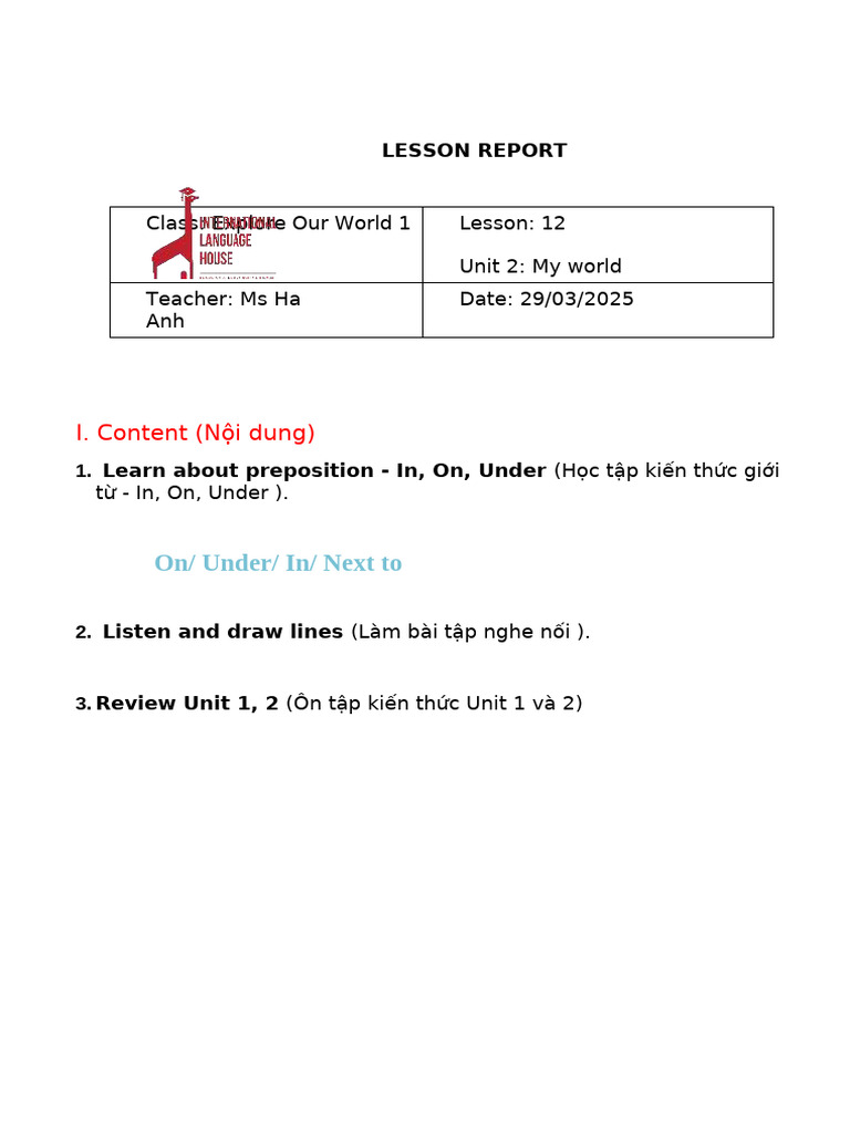 Lesson Report Level 1 - Lesson 12 | PDF