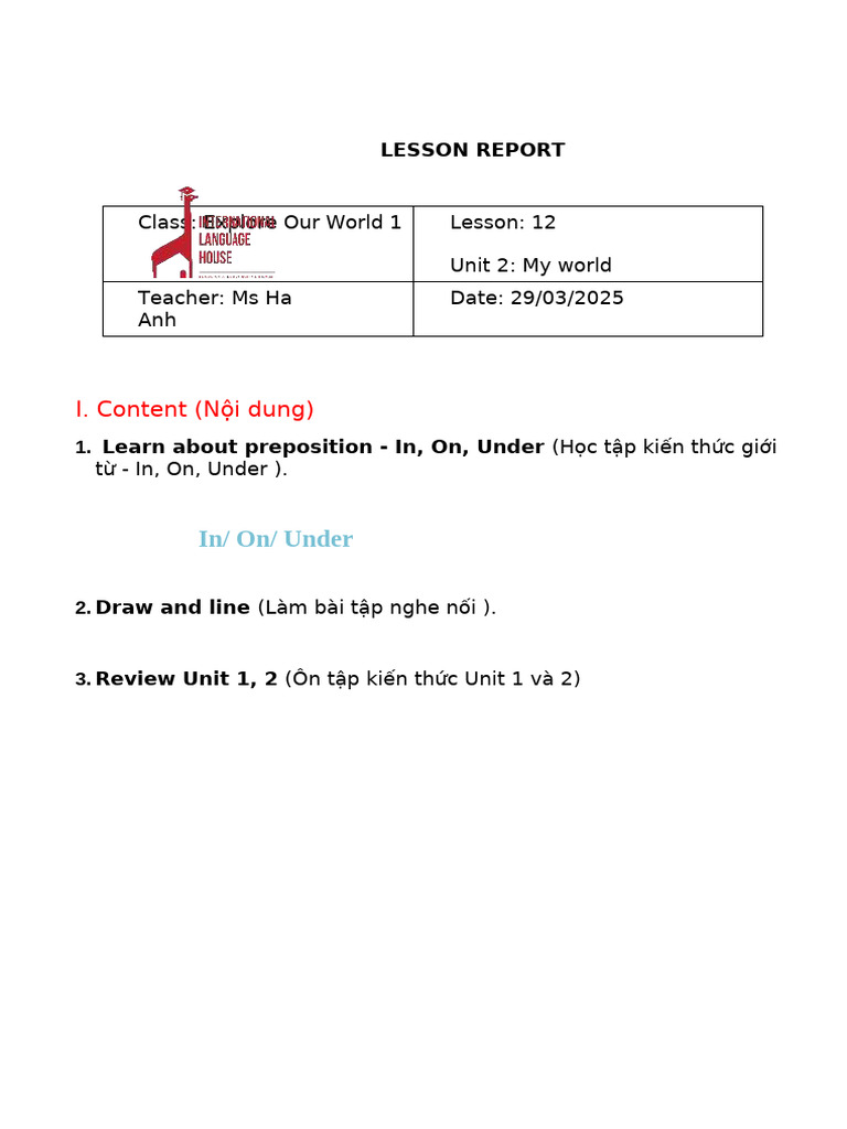 Lesson Report Level 1 - Lesson 12 | PDF