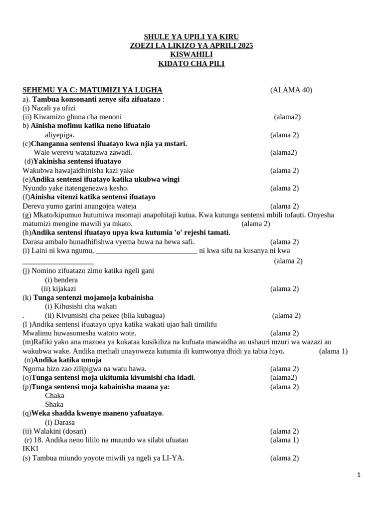 Form 2 Kiswahili April Holiday Assignment | PDF