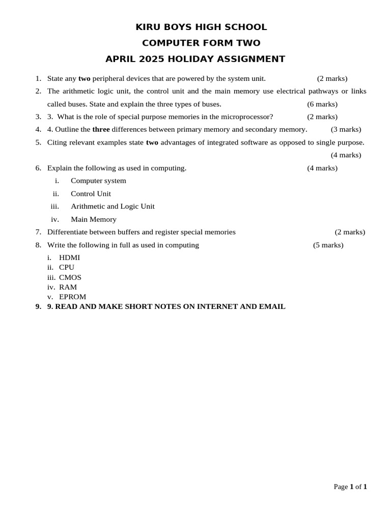 Form 2 Computer Studies April 2025 Holiday Assignment | PDF