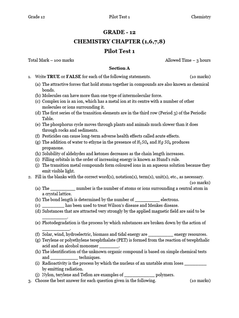 Grade 12 Chemistry Pilot Test 1 | PDF | Chemical Bond | Chemistry