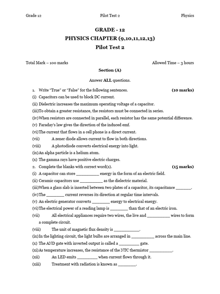 G12 phy pilot test 2 | PDF | Capacitor | Capacitance