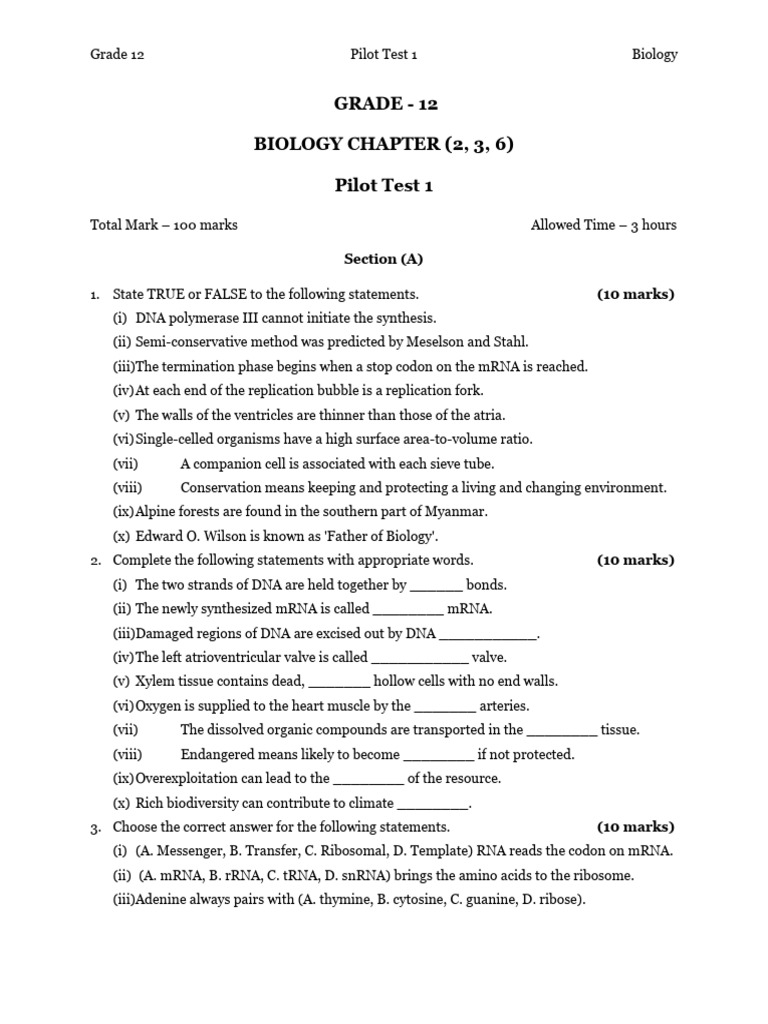 G12 Bio pilot test 1 | PDF | Dna Replication | Messenger Rna