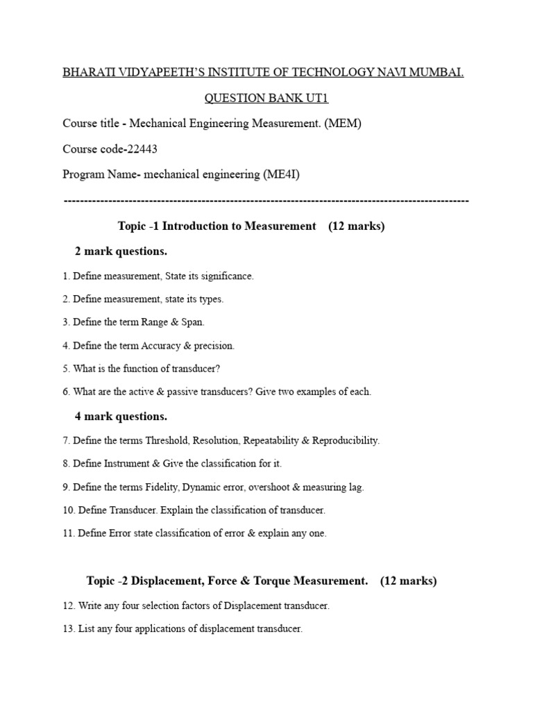 Mechanical Engg Measurements MEM 22443 Unit Test I | PDF | Pressure ...