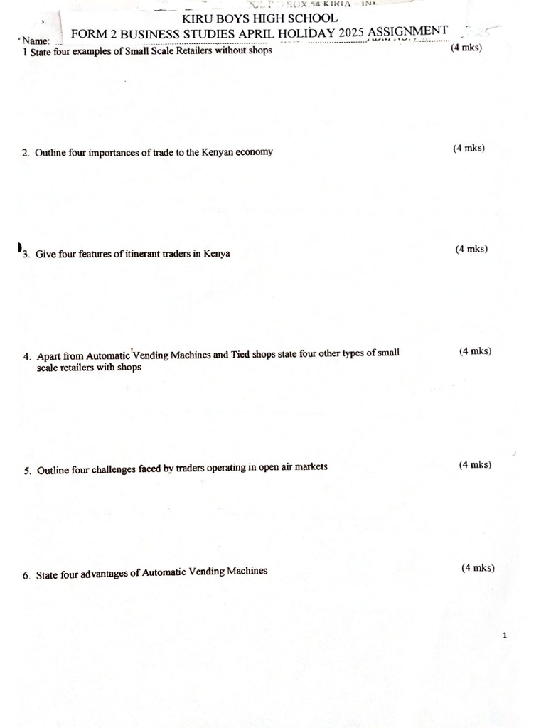 Form 2 Business Studies April 2025 Holiday Assignment | PDF