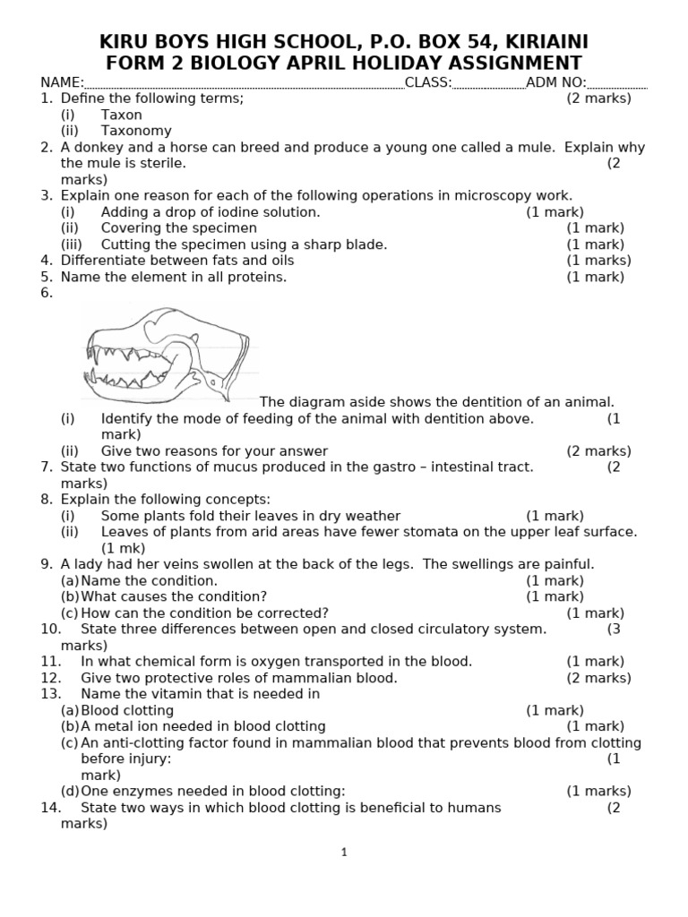 Form 2 Biology April 2025 Holiday Assignment | PDF | Blood | Thrombus