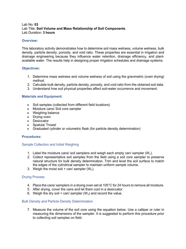 LWE 322 Lab 03 Soil Volume and Mass Realtionship of Soil Components ...