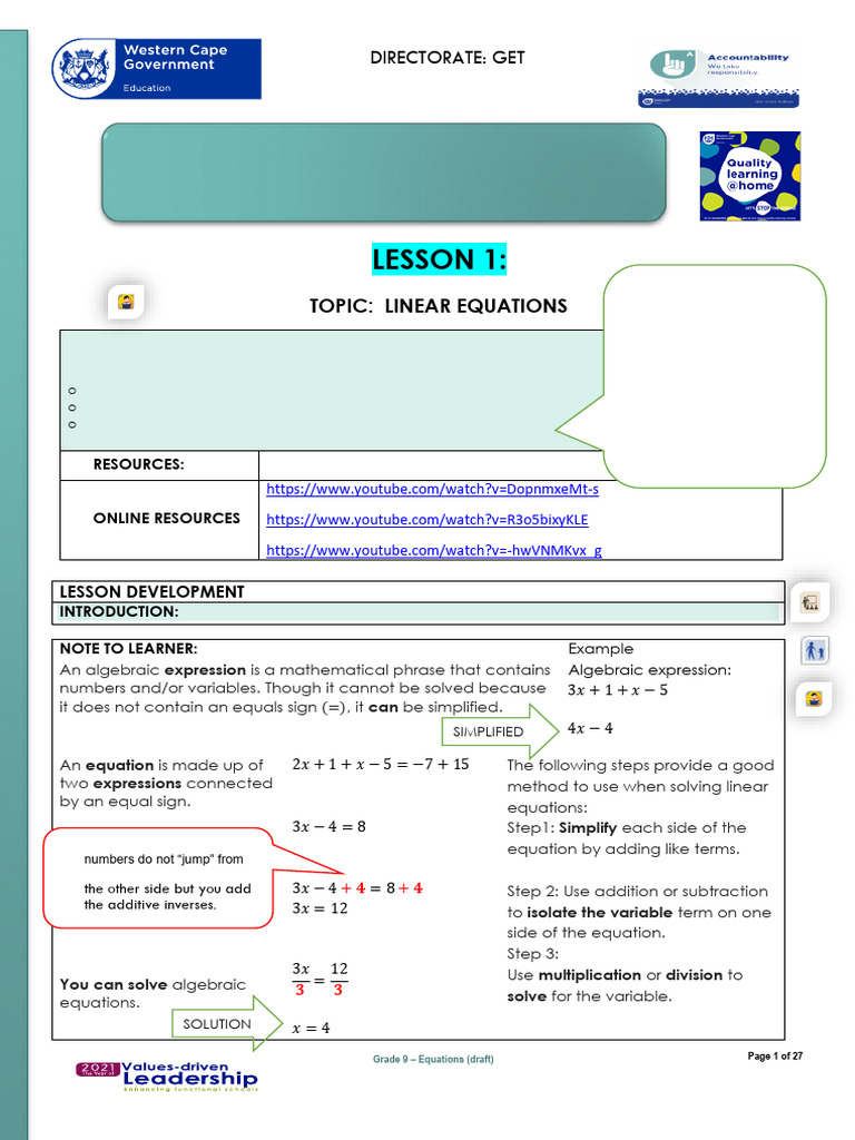 Lesson Plan Gr. 9 Mathematics EQUATIONS | PDF | Equations | Multiplication