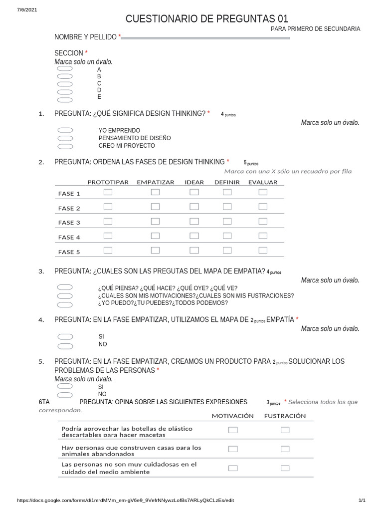 CUESTIONARIO DE PREGUNTAS 01 - Formularios de Google | PDF | El pensamiento de diseño | Cognición